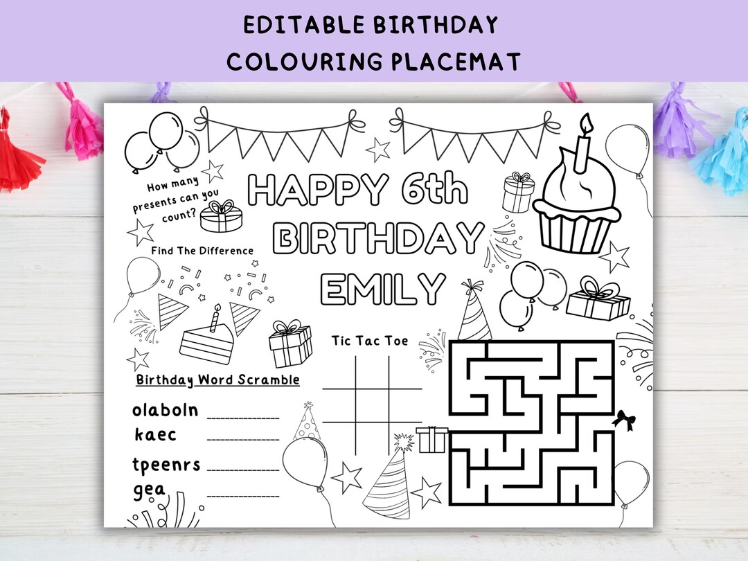 Editable Birthday Coloring Placemat, Kids Party Activity (digital ...