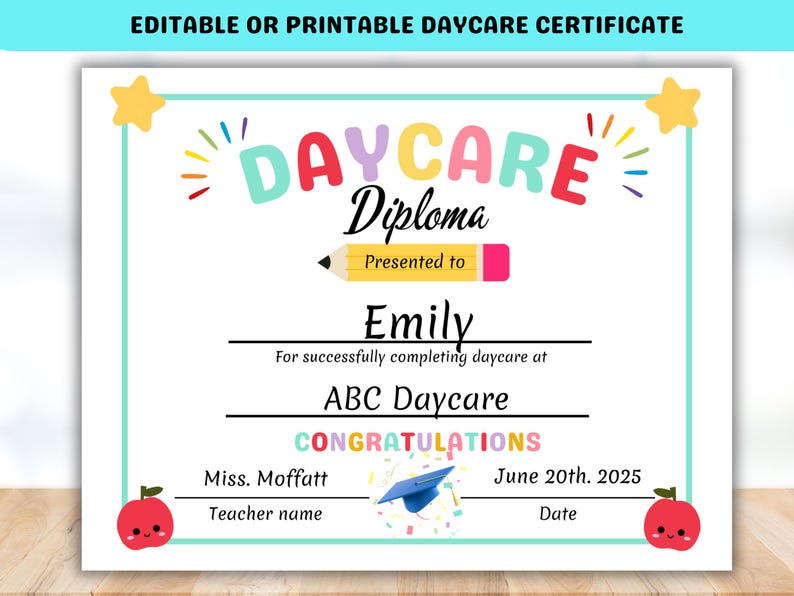 Editable Daycare Certificate, Daycare Diploma, Daycare Graduation, Last ...