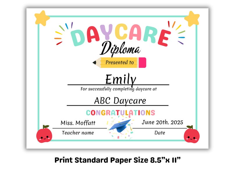 Editable Daycare Certificate, Daycare Diploma, Daycare Graduation, Last ...
