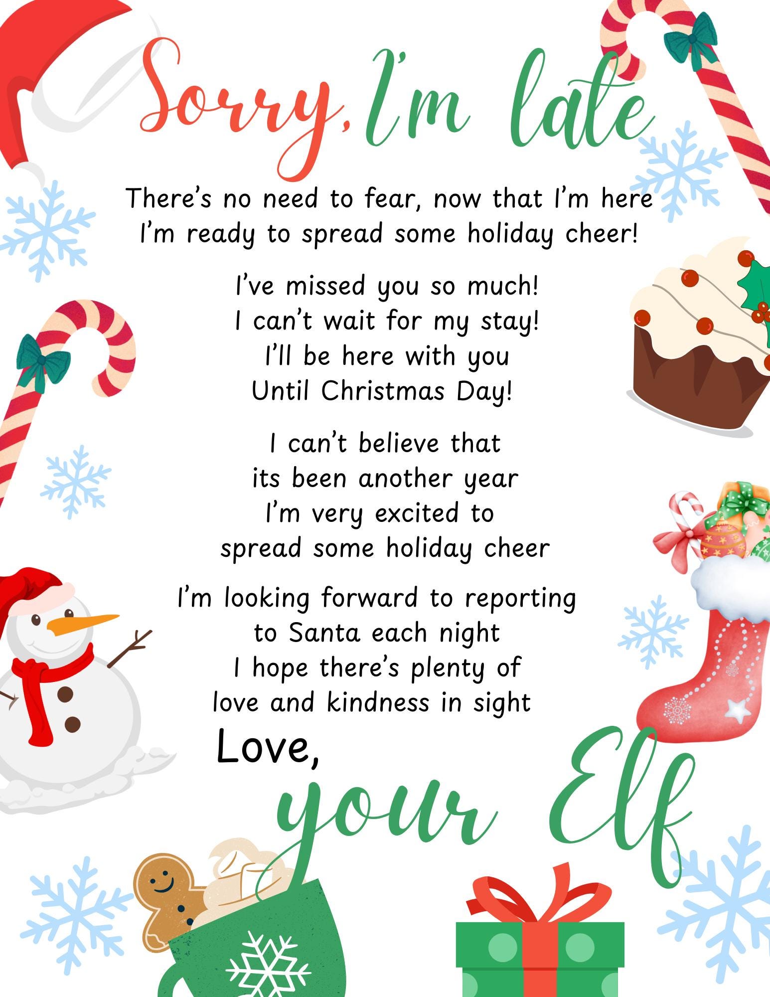 Printable Elf Late Arrival, Sorry Im Late Elf Letter, Elf Arrival Letter, Elf Welcome Letter ...