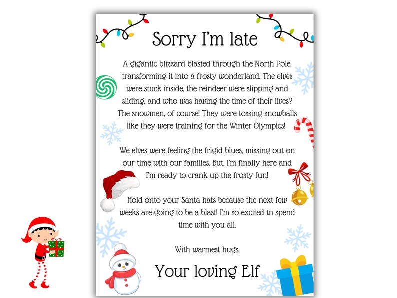 Printable Elf Late Arrival, Sorry Im Late Elf Letter, Elf Arrival ...