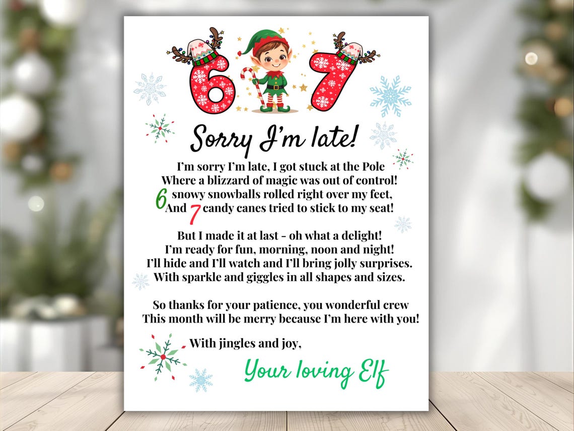 Elf Arrival 6 7 Letter, Sorry I'm Late Elf Letter, Elf Late Arrival ...