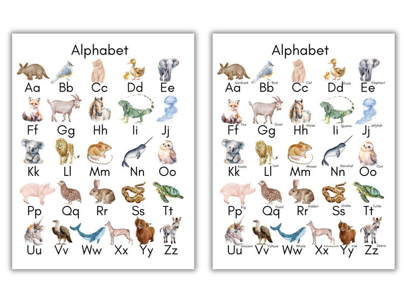 Alphabet Chart, Animal ABC Poster, Animal Alphabet, Watercolor Alphabet ...