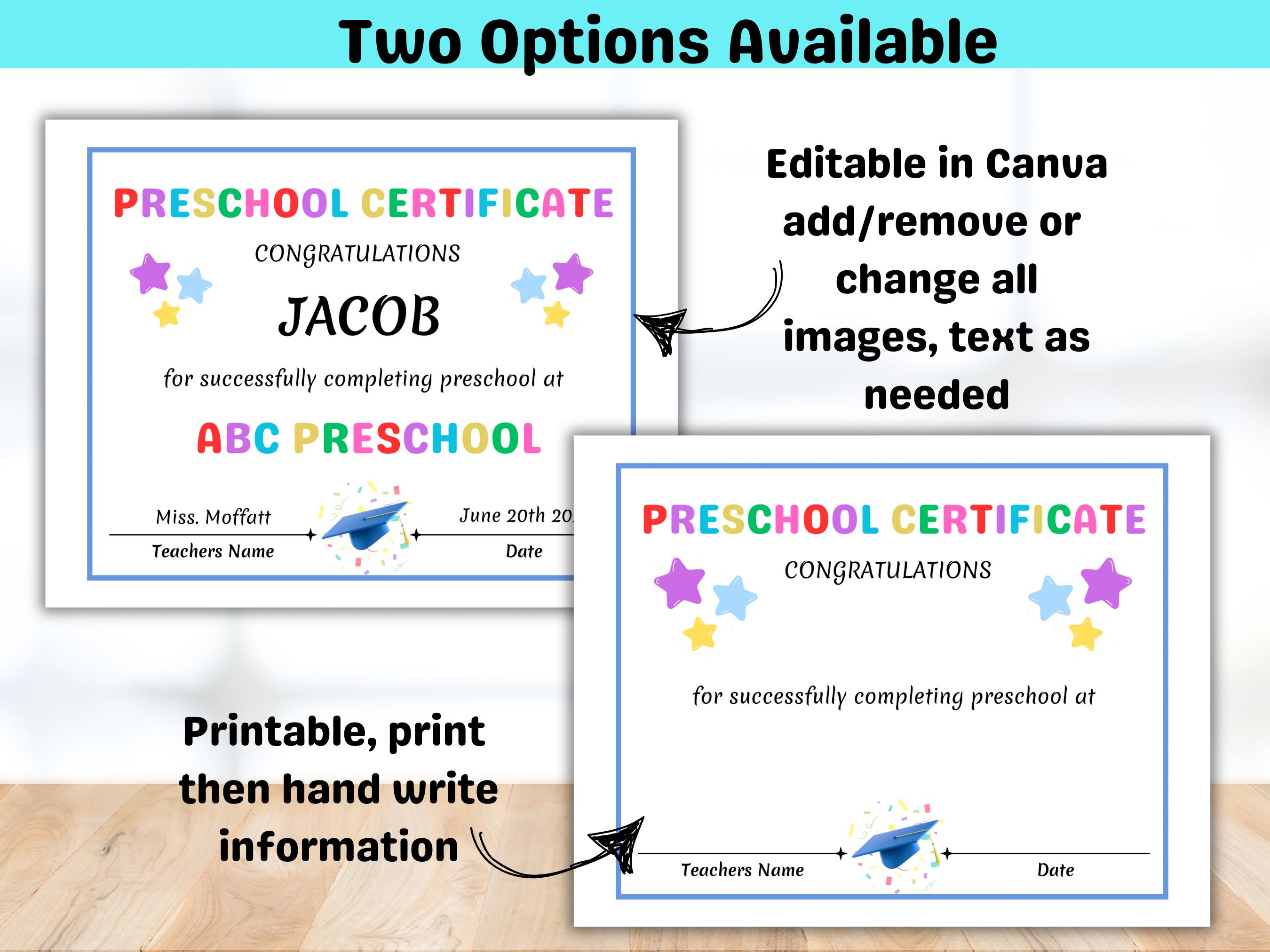 Editable Preschool Certificate, Prek Certificate, Preschool Diploma ...
