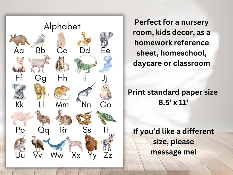 Alphabet Chart, Animal ABC Poster, Animal Alphabet, Watercolor Alphabet ...