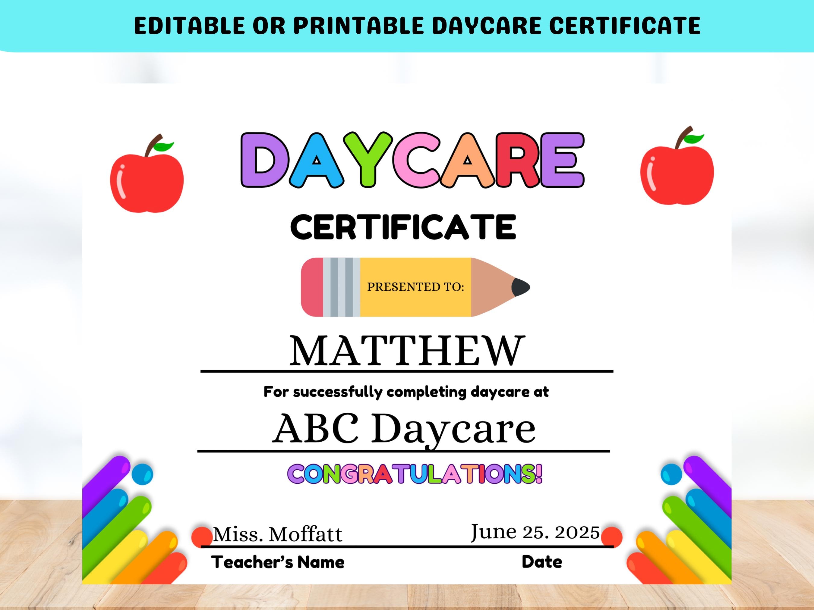 Editable Daycare Certificate, Daycare Diploma, Daycare Graduation, Last ...