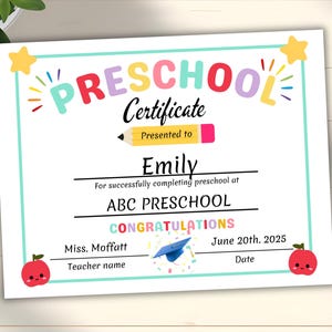 Editable Preschool Certificate, Prek Certificate, Preschool Diploma ...