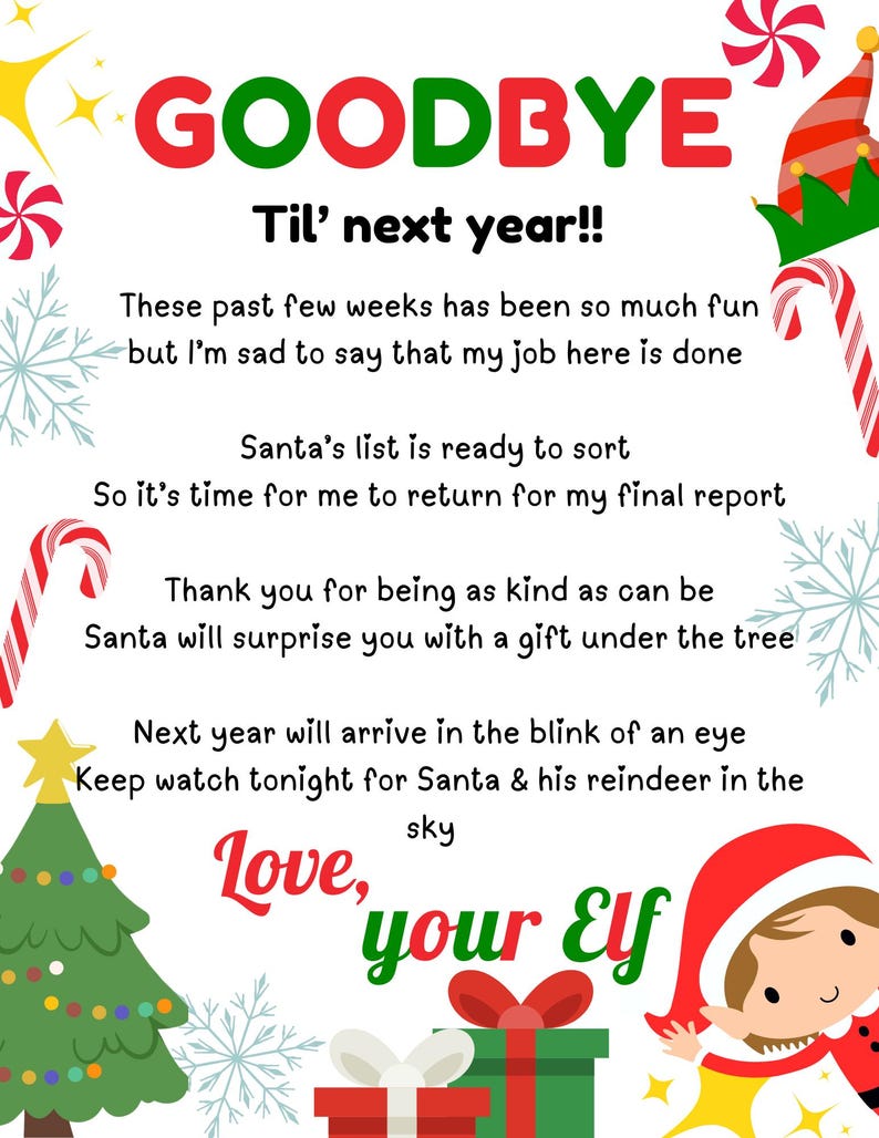 Printable Elf Goodbye Letter, Goodbye From Elf, Goodbye Letter, Goodbye ...