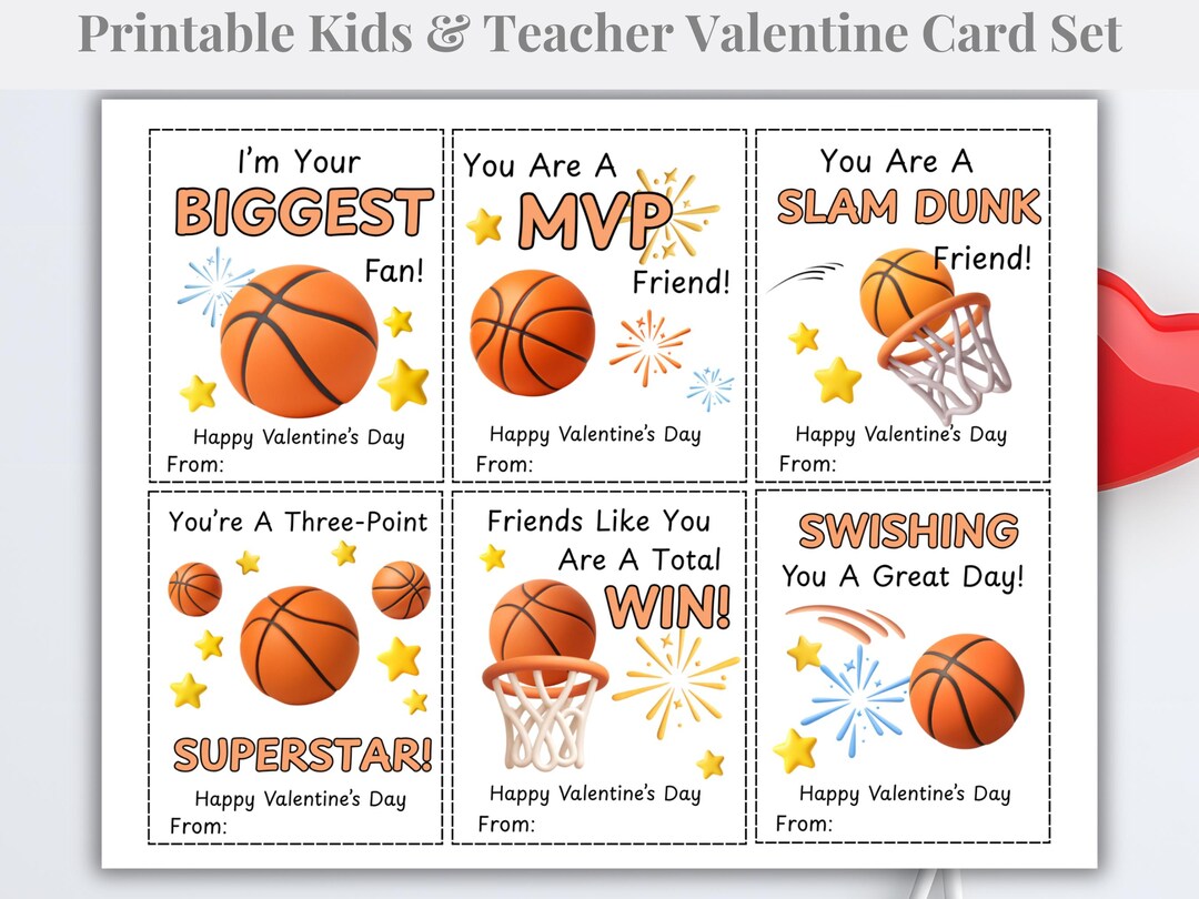 Printable Basketball Valentine Cards, Valentine Card Set, Valentine ...