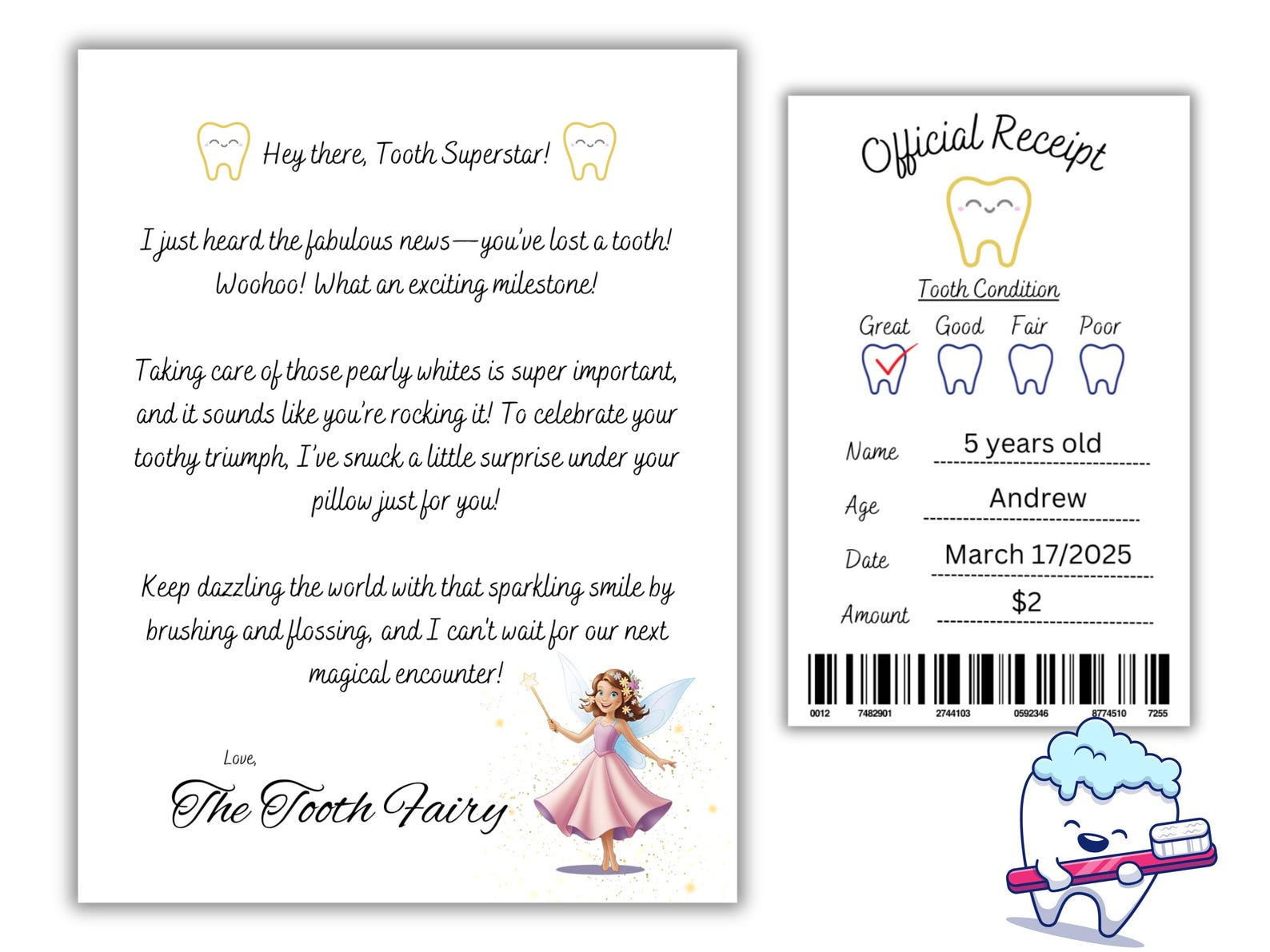 Printable Tooth Fairy Letter, Tooth Fairy Letter, Tooth Fairy Receipt ...