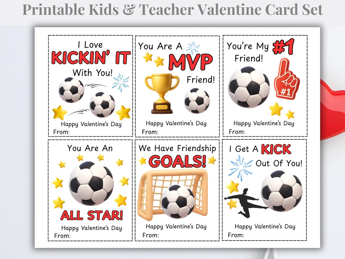 Printable Soccer Valentine Cards, Valentine Card Set, Valentine Cards ...