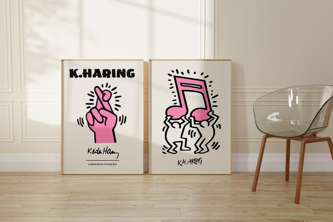 Set of 2 Pink Keith Haring Prints, Music Note Poster, Pink Home Wall ...
