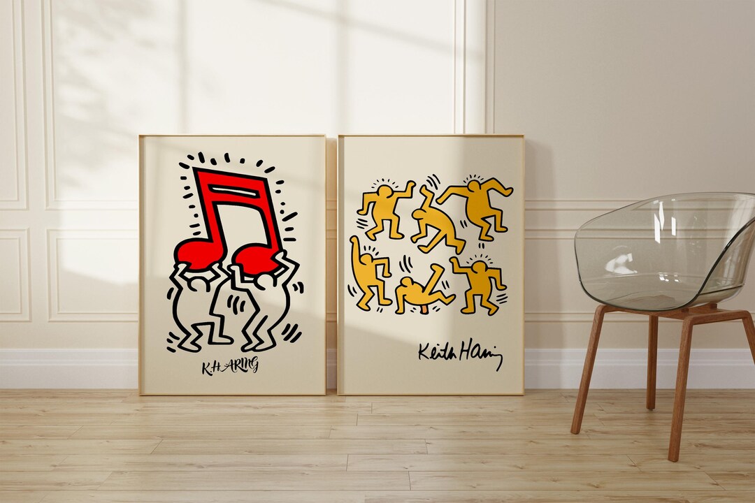 Set of 2 Keith Haring Pop Art Prints, Music Note, Yellow Dancers Poster ...