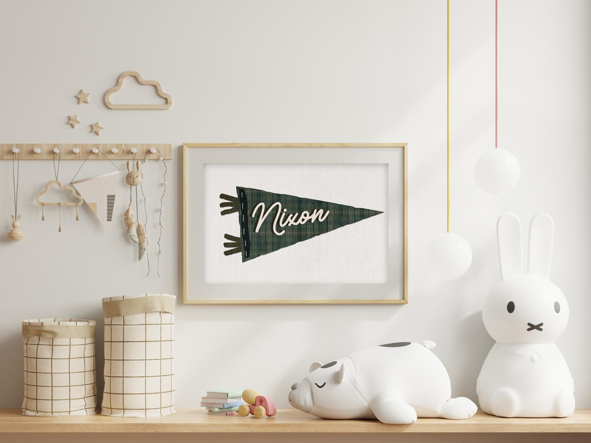 Personalized Name Pennant Flag: Vintage Plaid Nursery Decor (digital ...