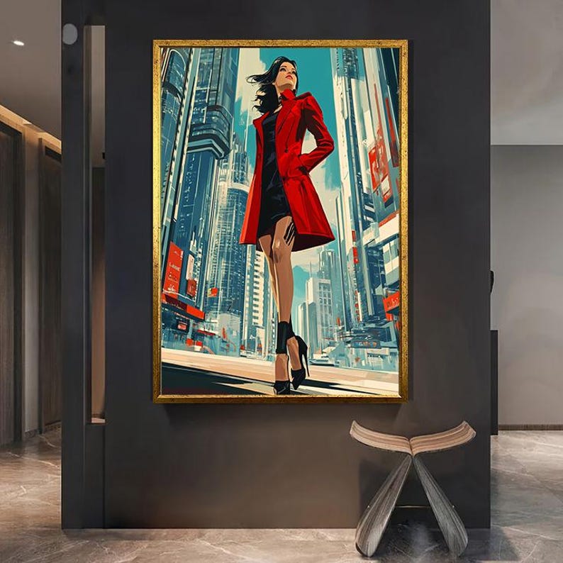 City Woman Wall Art – Bold Red Coat Urban Portrait – Fashionable Power ...