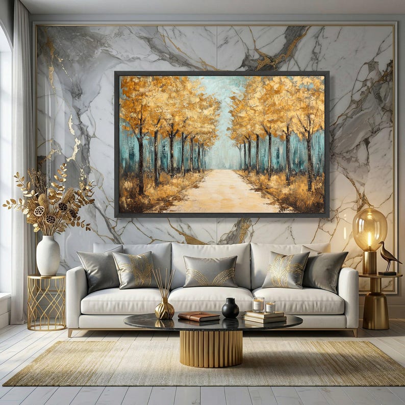 Golden Autumn Pathway Canvas, Tree Lined Lane Wall Art, Fall Landscape ...