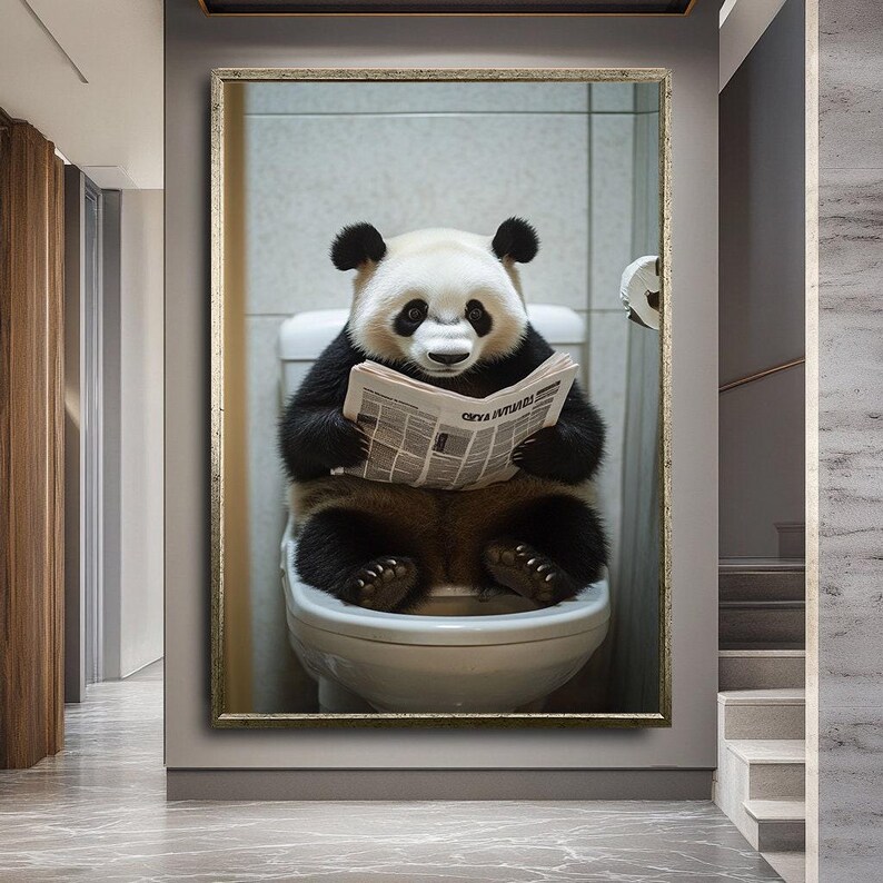 Funny Panda Reading Newspaper on Toilet – Humorous Canvas Print for ...