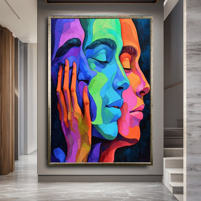 Colorful Abstract Faces in Profile Art Intertwined Portraits Painting ...