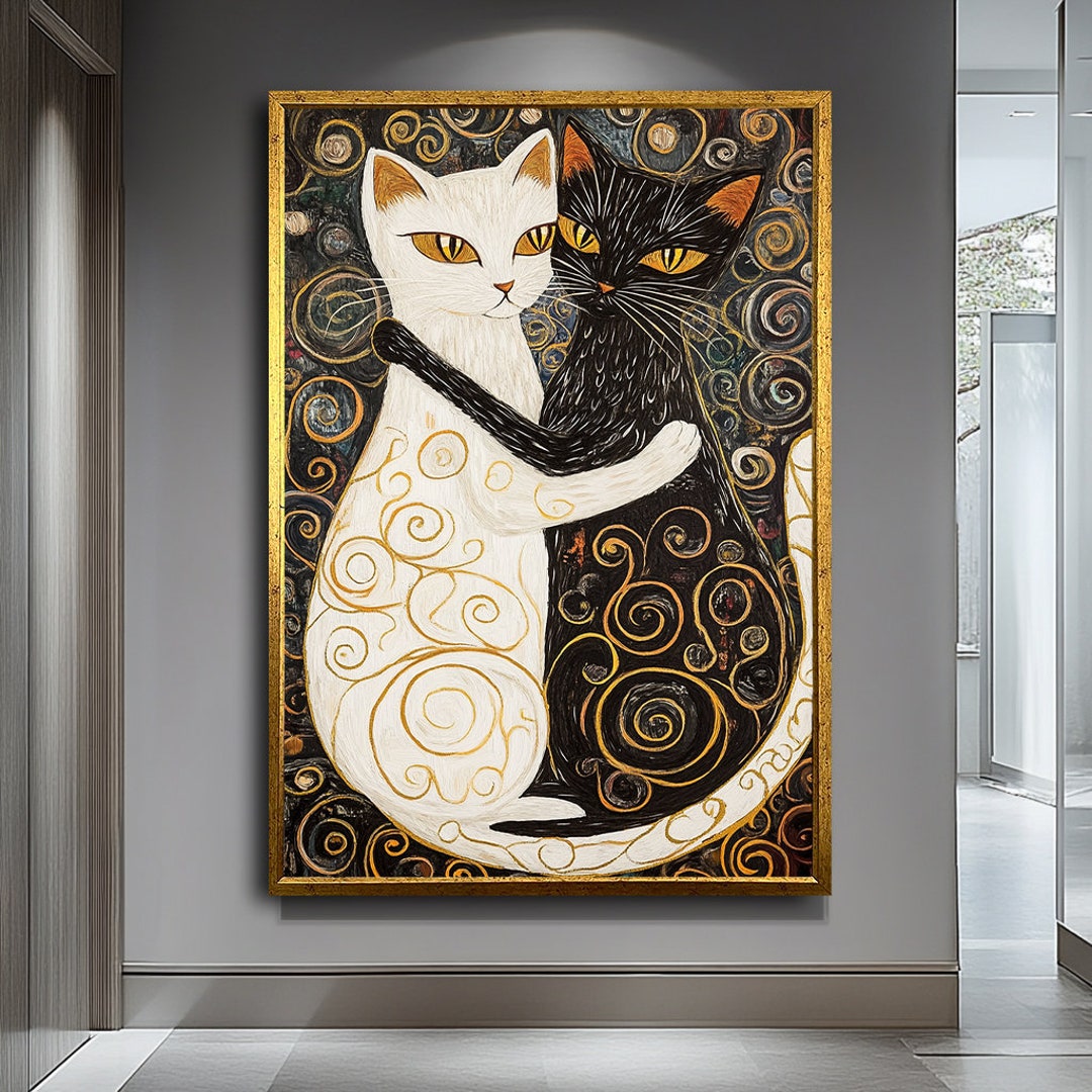 Two Cats Hugging | Black and White Cat With Golden Swirls | Charming ...