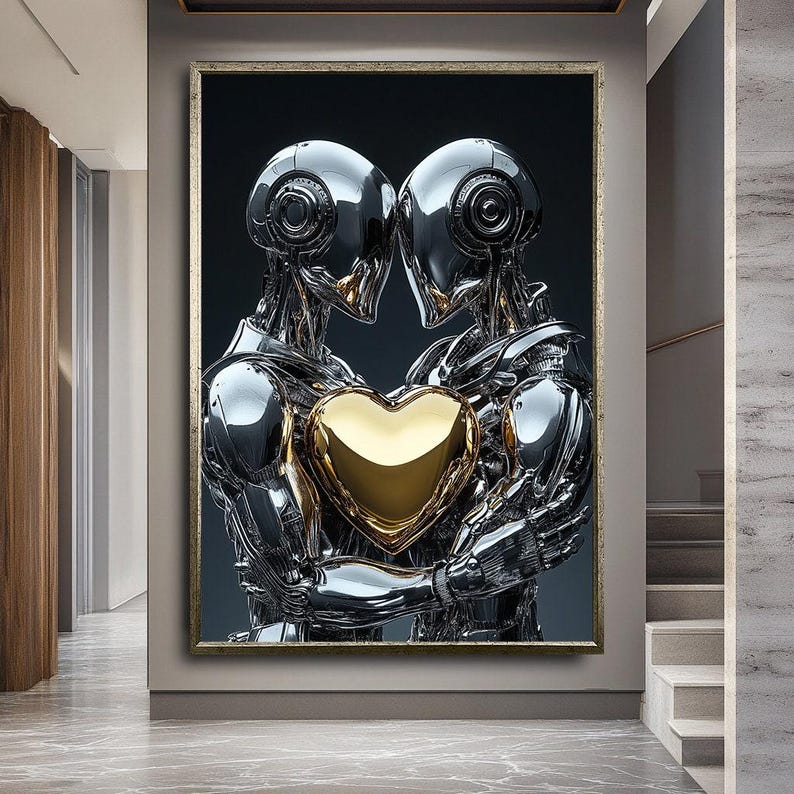 Metal Lovers Sculpture Canvas Art ,futuristic Romantic Wall Decor ...