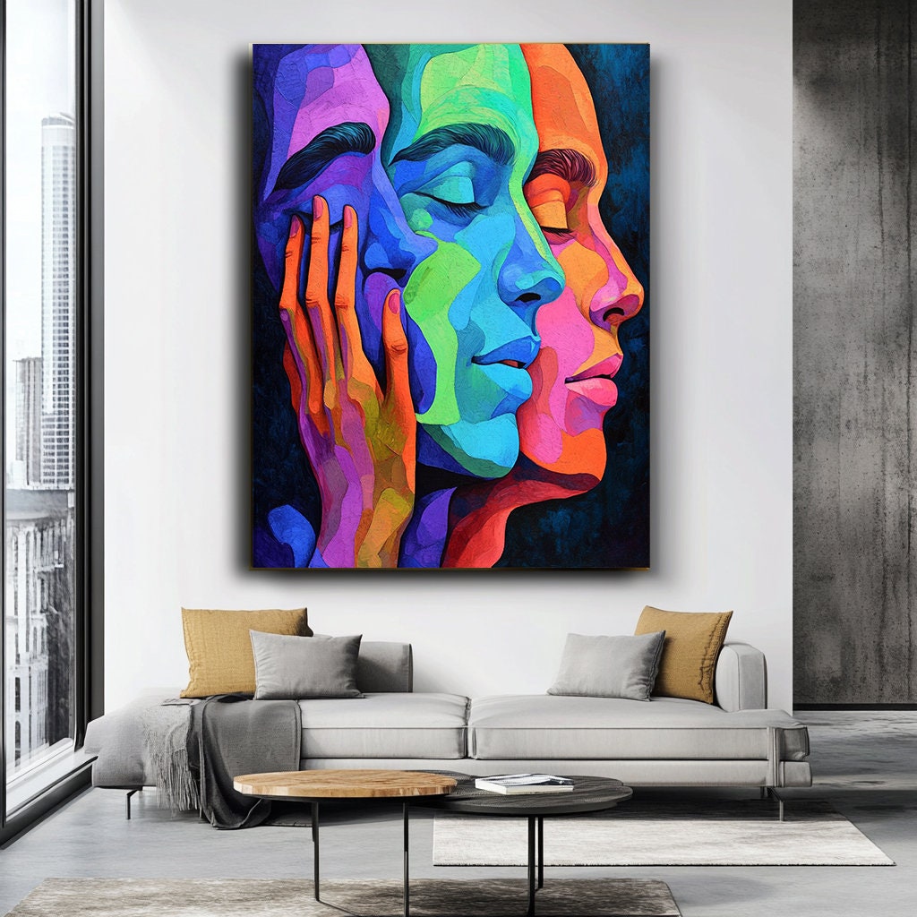 Colorful Abstract Faces in Profile Art Intertwined Portraits Painting ...