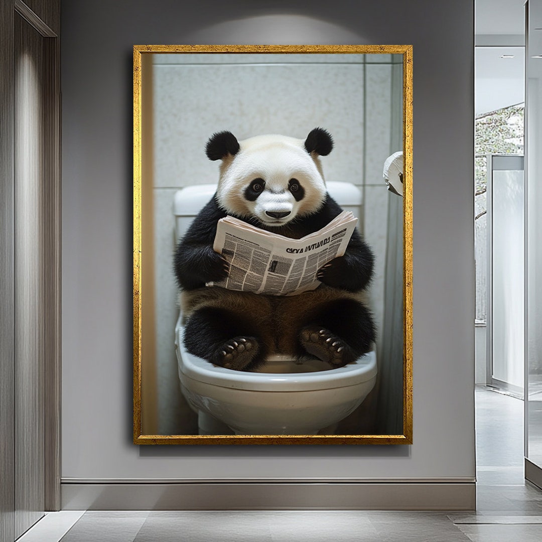 Funny Panda Reading Newspaper on Toilet – Humorous Canvas Print for ...