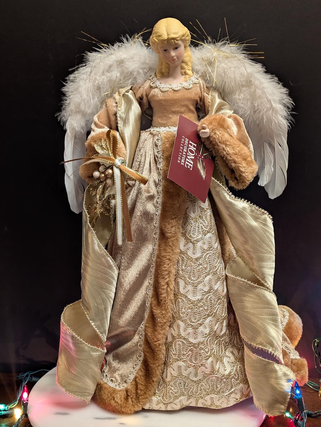 18" Golden Angel Tree Topper Stand Alone Angel With Feather Wings and ...