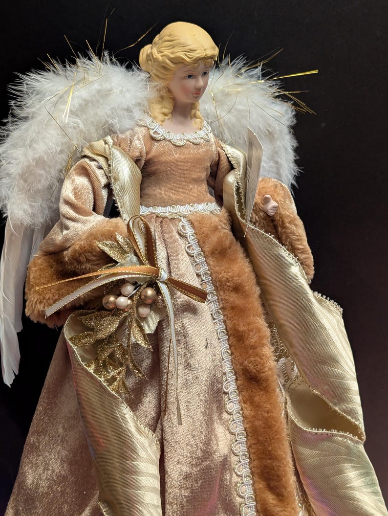 18" Golden Angel Tree Topper Stand Alone Angel With Feather Wings and ...