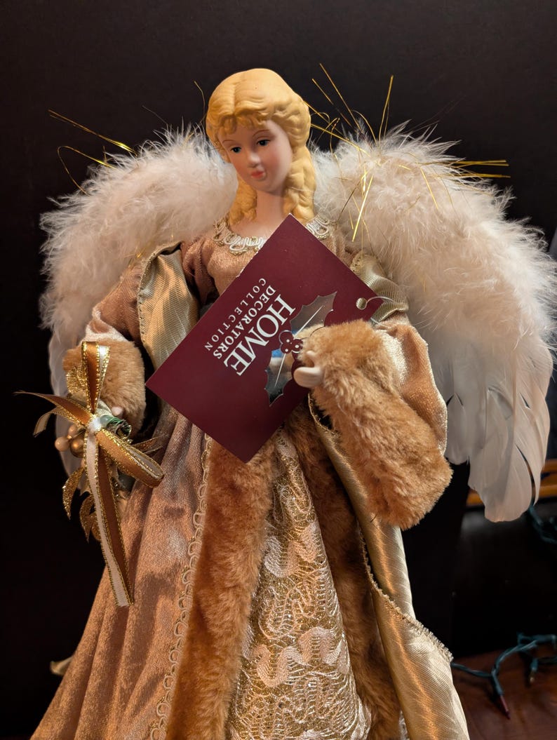 18" Golden Angel Tree Topper Stand Alone Angel With Feather Wings and ...