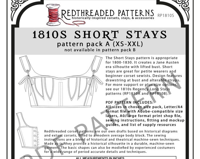 1810s Short Stays PDF Pattern - Size Pack A (XS–XXL) - Etsy
