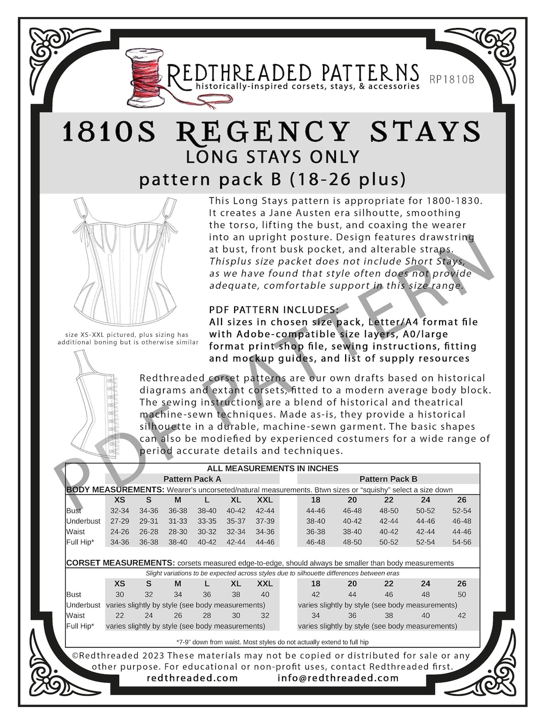 1810s Regency Long Stays PDF Pattern - Pack B (size 18–26 Plus) - Etsy