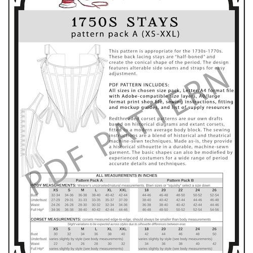 1780s Stays PDF Pattern Size Pack A XS-XXL - Etsy
