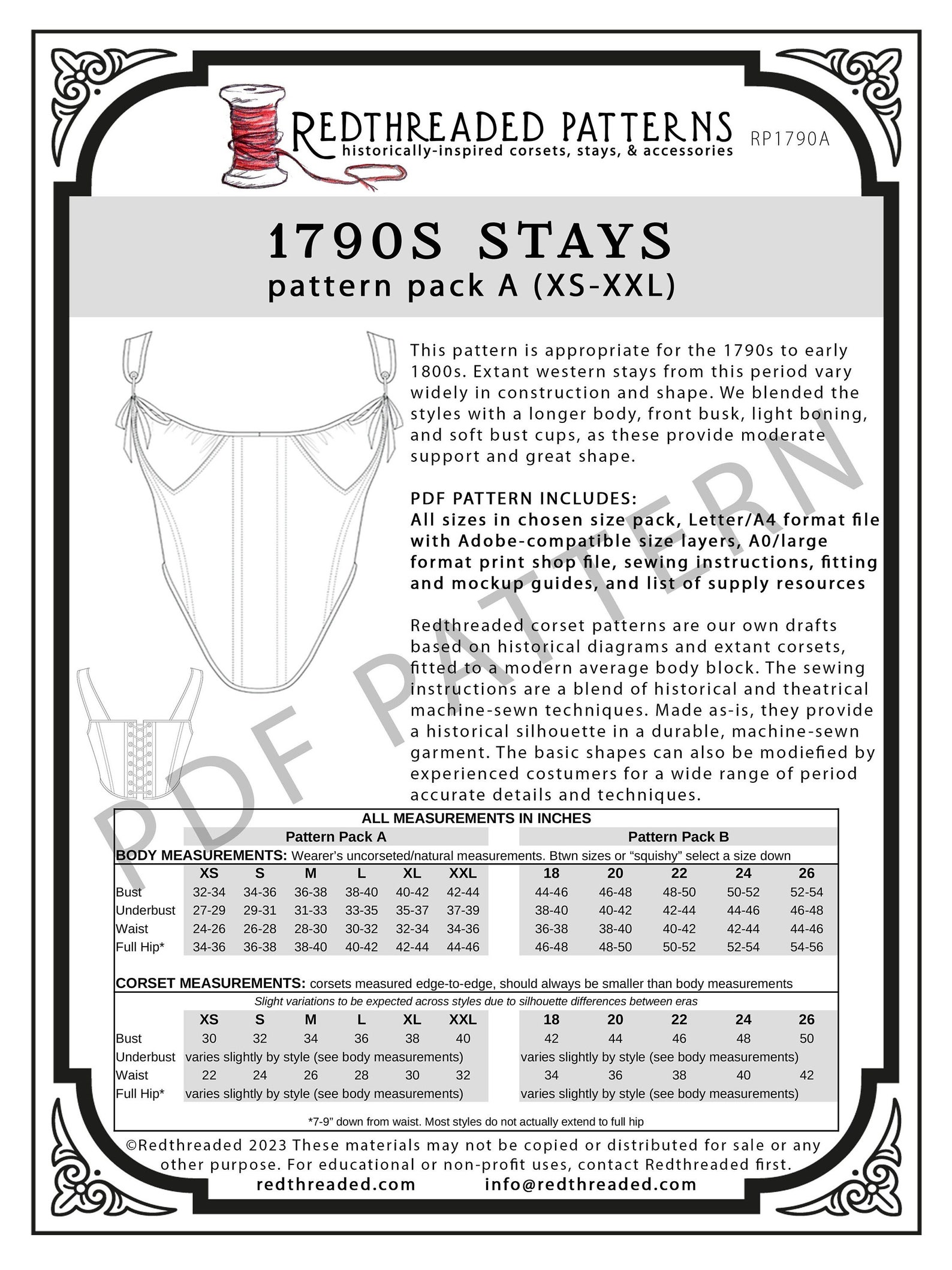 1790s Stays PDF Pattern - Size Pack A (XS-XXL) - Etsy