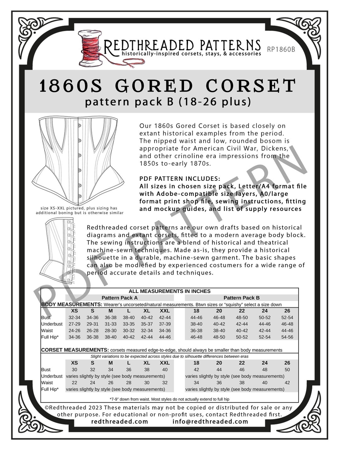 1860s Gored Corset PDF Pattern - Size Pack B (18-26 Plus) - Etsy