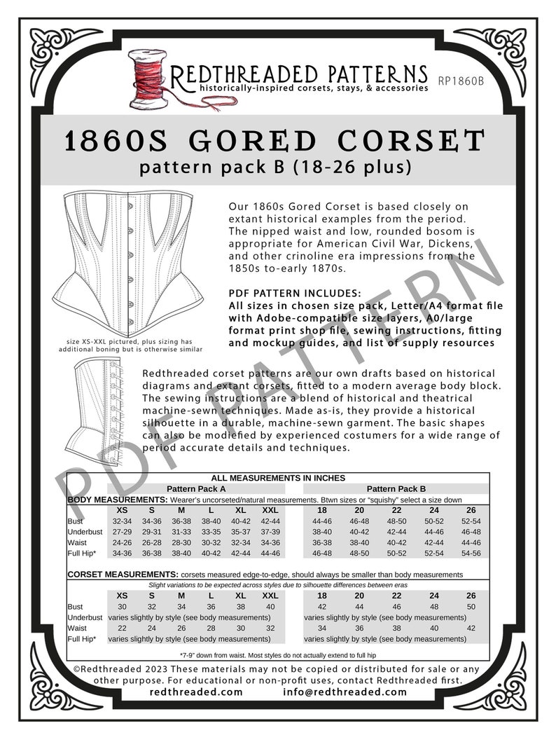 1860s Gored Corset PDF Pattern - Size Pack B (18-26 Plus) - Etsy