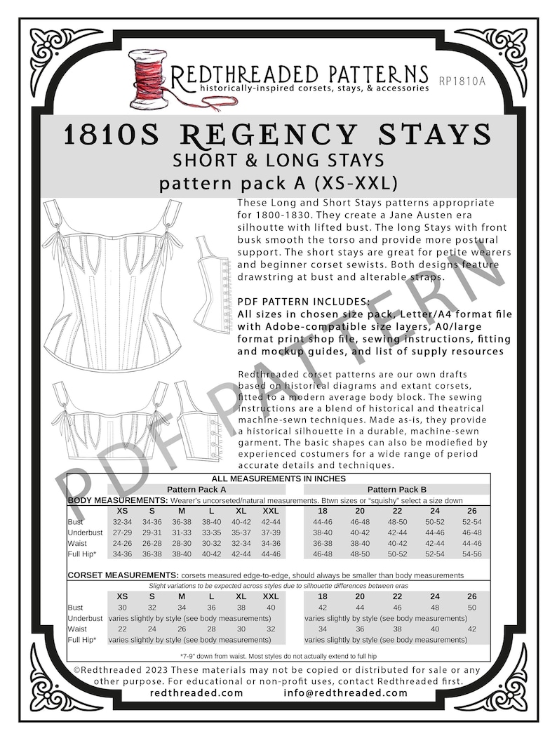 1810s Regency Stays PDF Pattern - Pack A (sizes XS–XXL) - Etsy