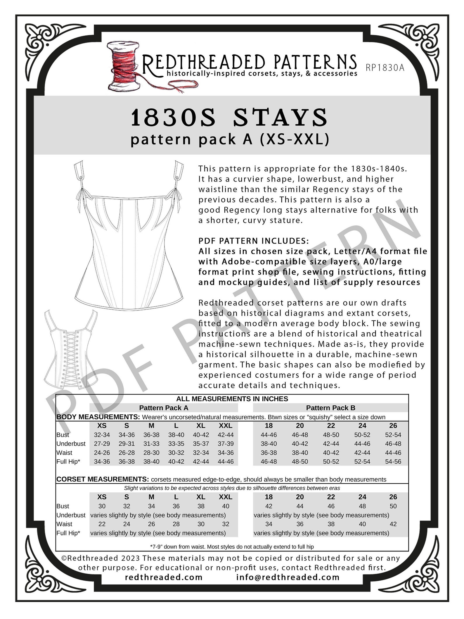 1830s Stays PDF Pattern - Pack A (sizes XS–XXL) - Etsy