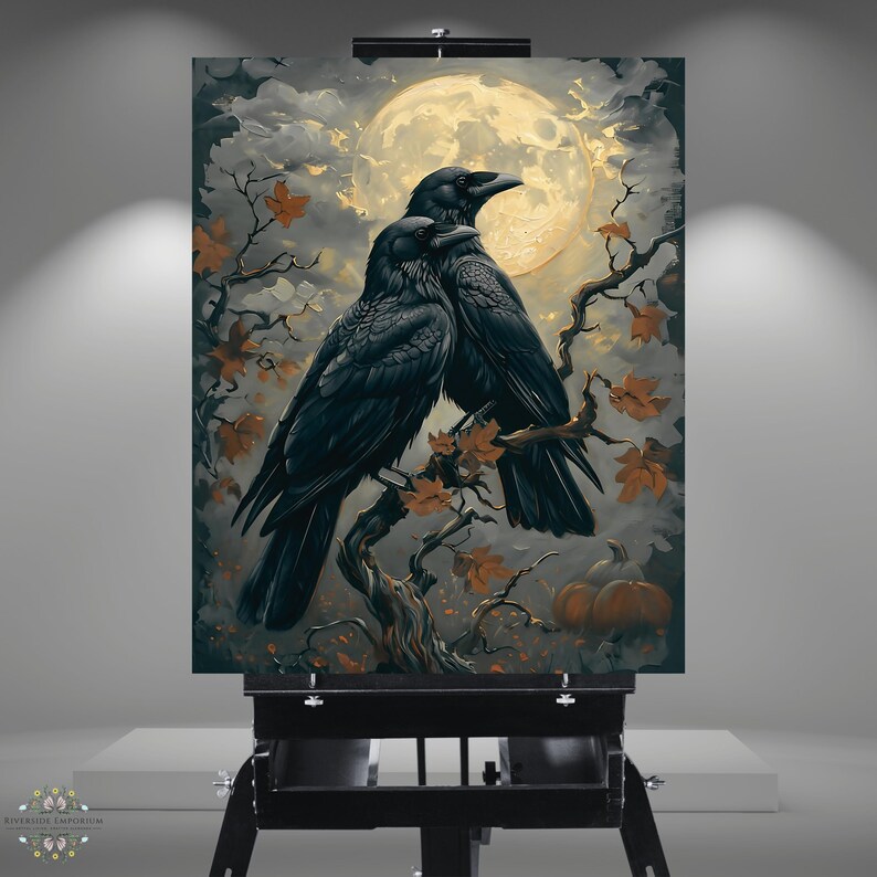 Gothic Halloween Crow Art Print: Full Moon, Pumpkins, Autumn Leaves - Etsy