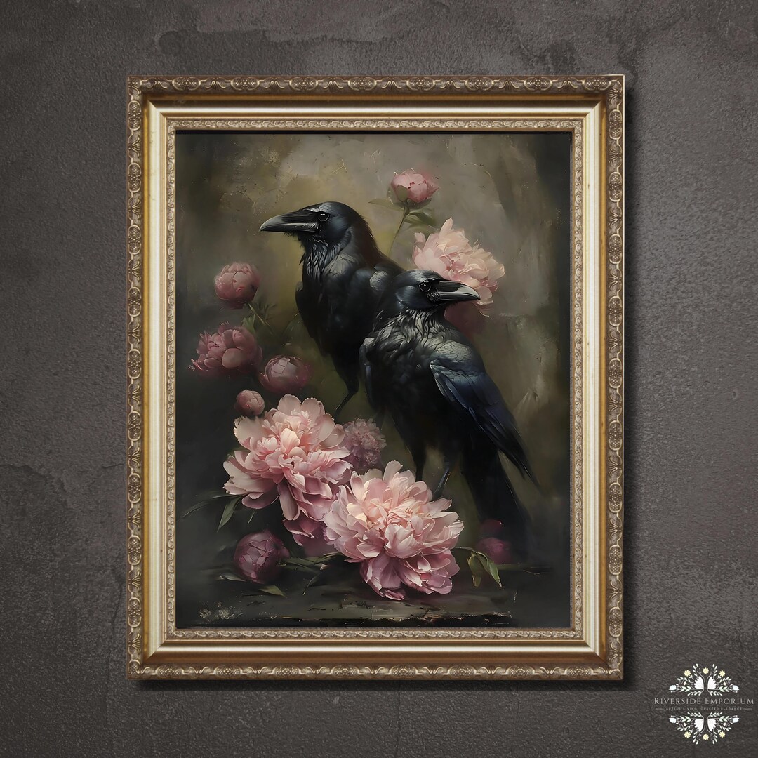 Crow and Peonies Goth Art Print: Dark Academia Raven Decor (digital ...
