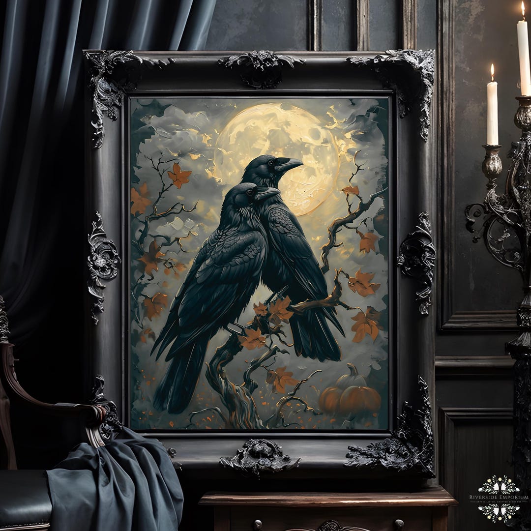 Dark Fall Oil Painting of Crows With Full Moon, Autumn Leaves, and ...