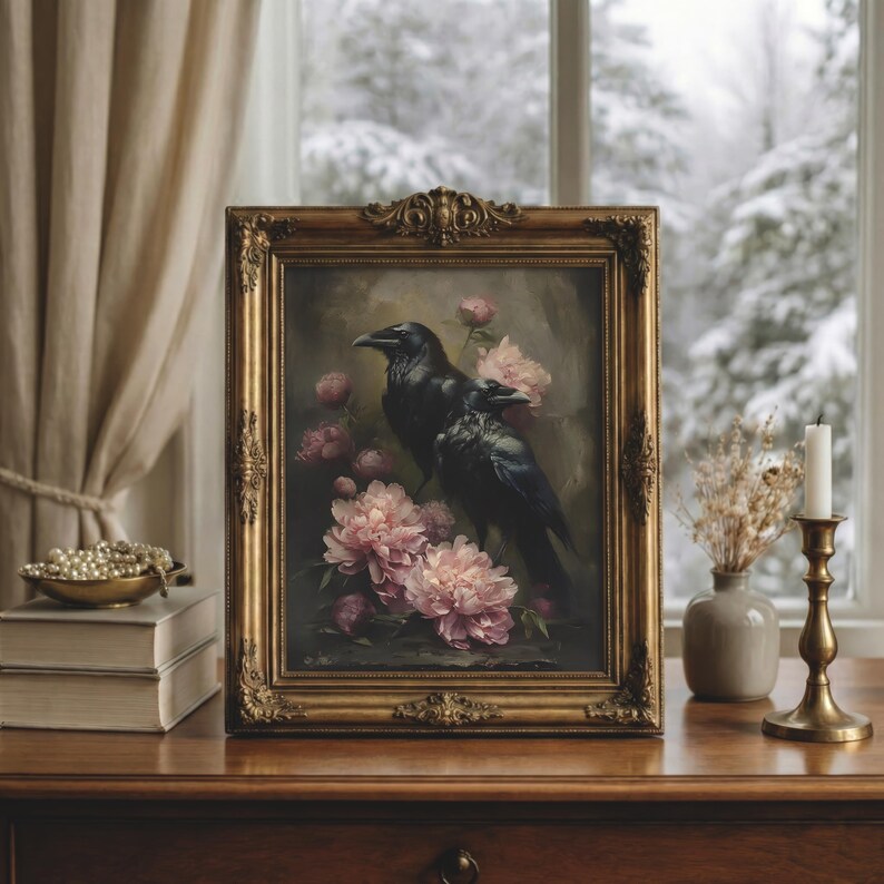 Vintage Black Crow Art Print With Peonies, Romantic Goth Raven Painting ...