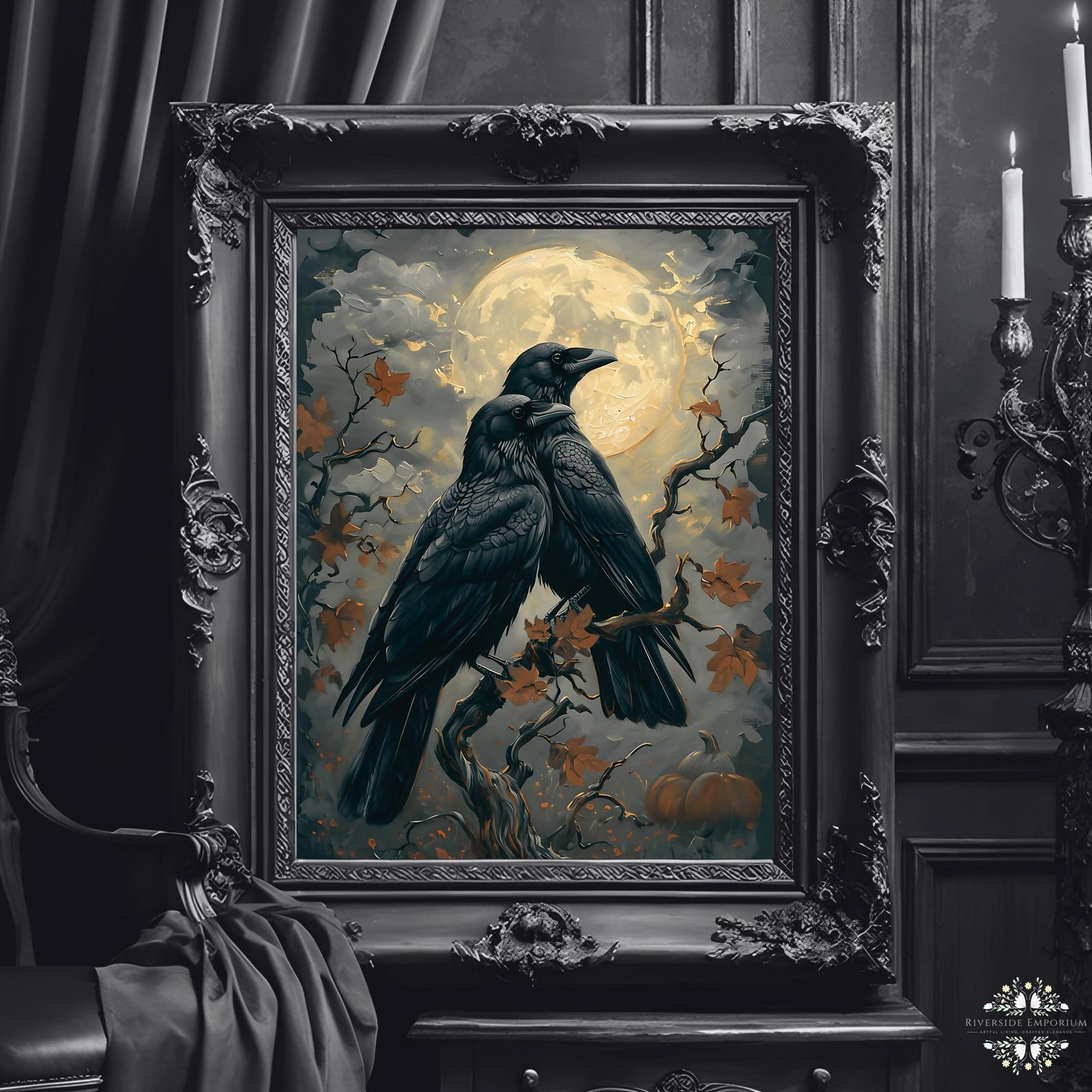 Gothic Halloween Crow Art Print: Full Moon, Pumpkins, Autumn Leaves - Etsy