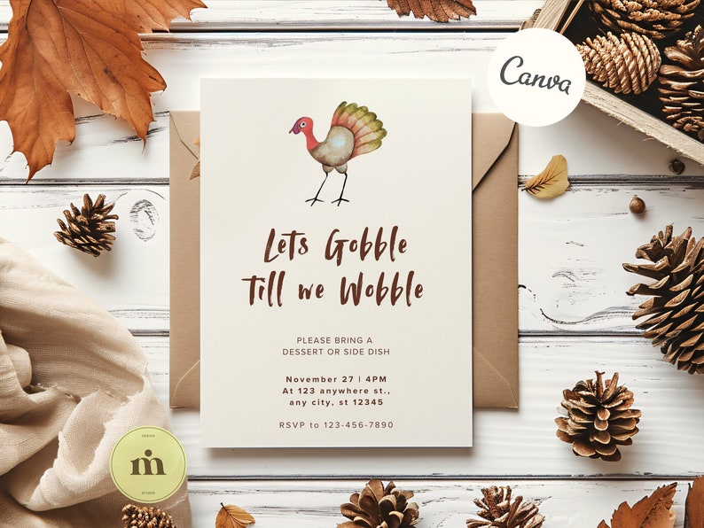 Thanksgiving Invitation - Editable Hand Painted Turkey Canva Template ...