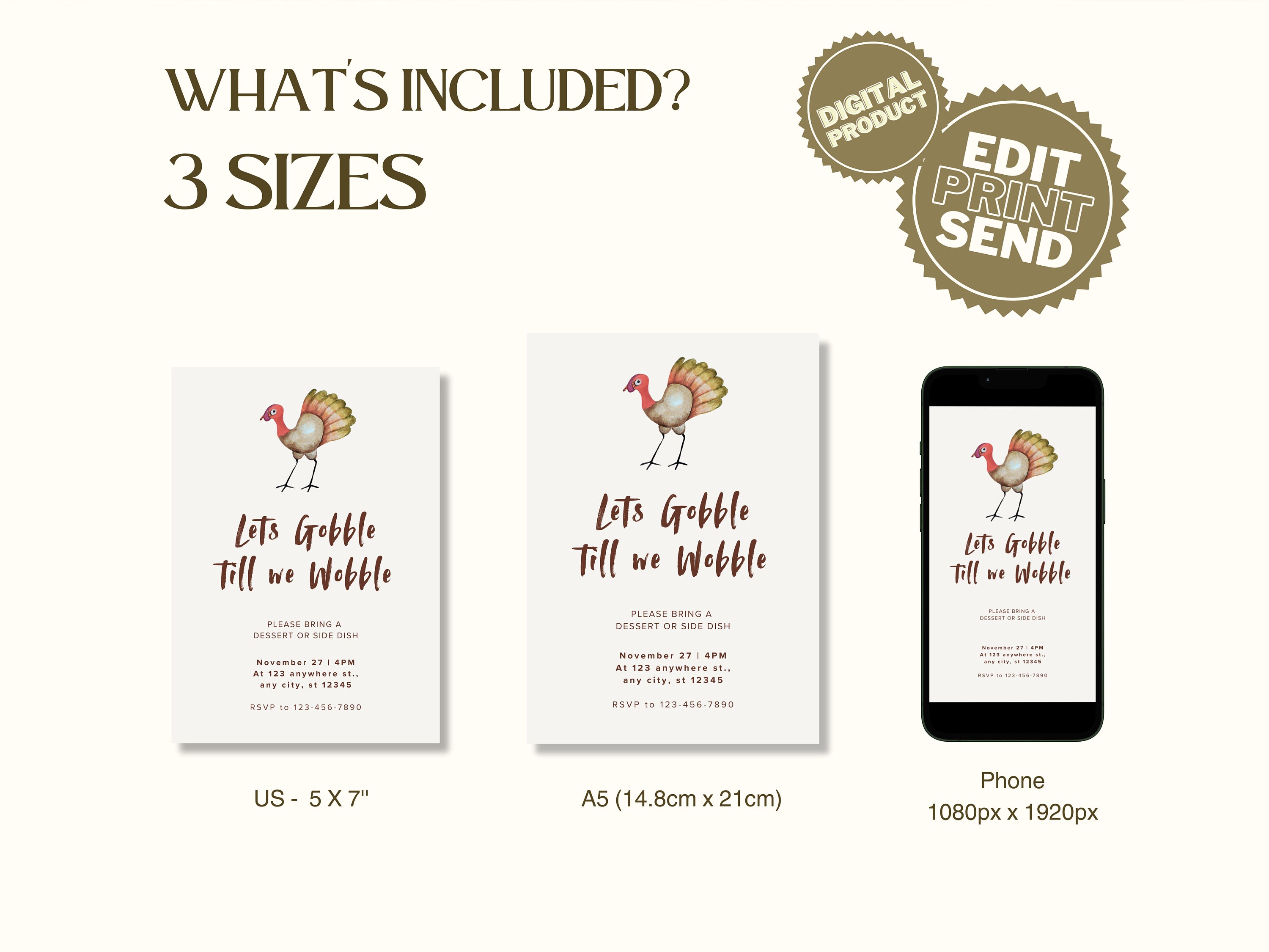 Thanksgiving Invitation - Editable Hand Painted Turkey Canva Template ...