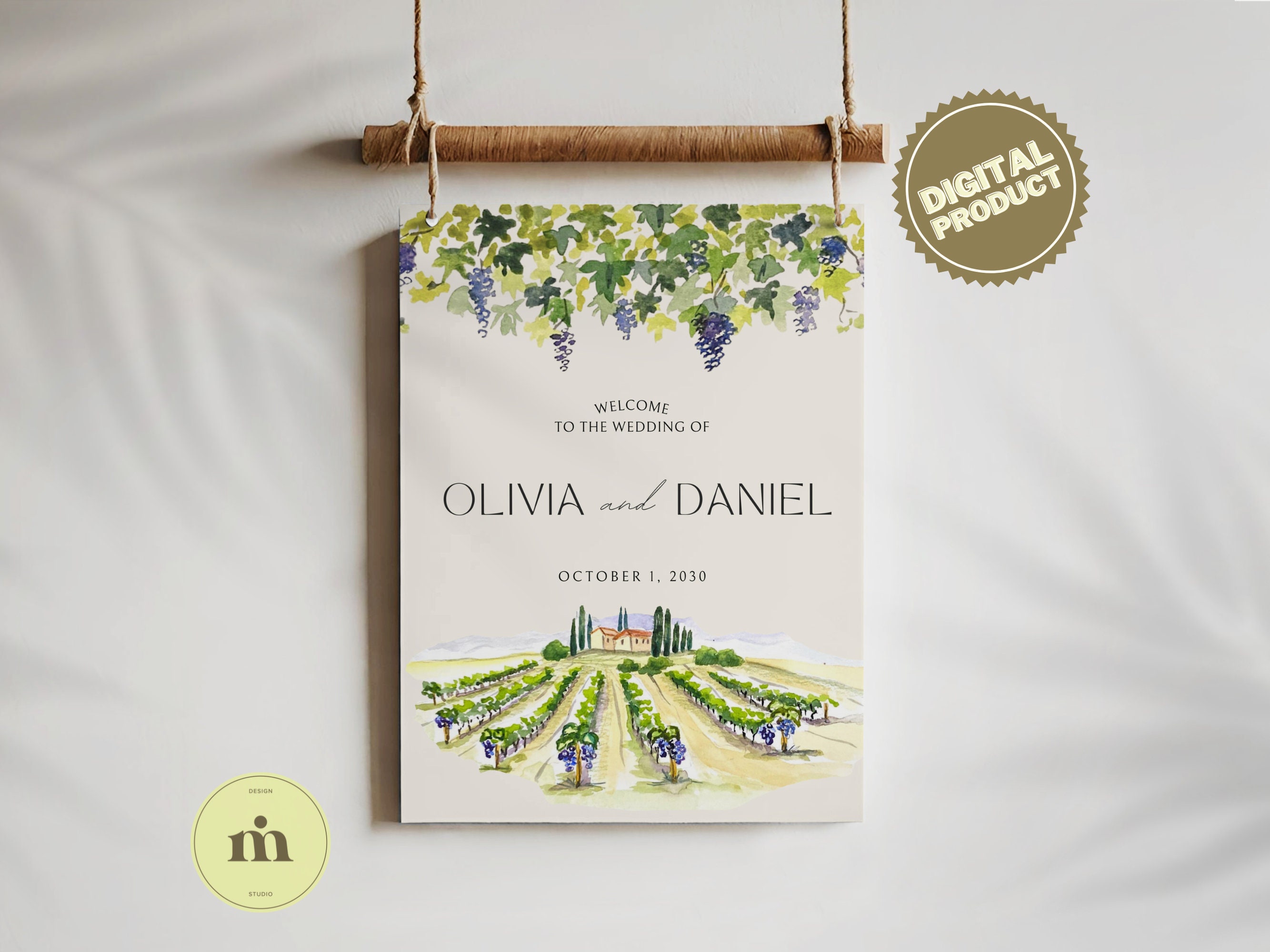 Vineyard WELCOME SIGN Invitation, Hand Drawn Watercolor Template for ...