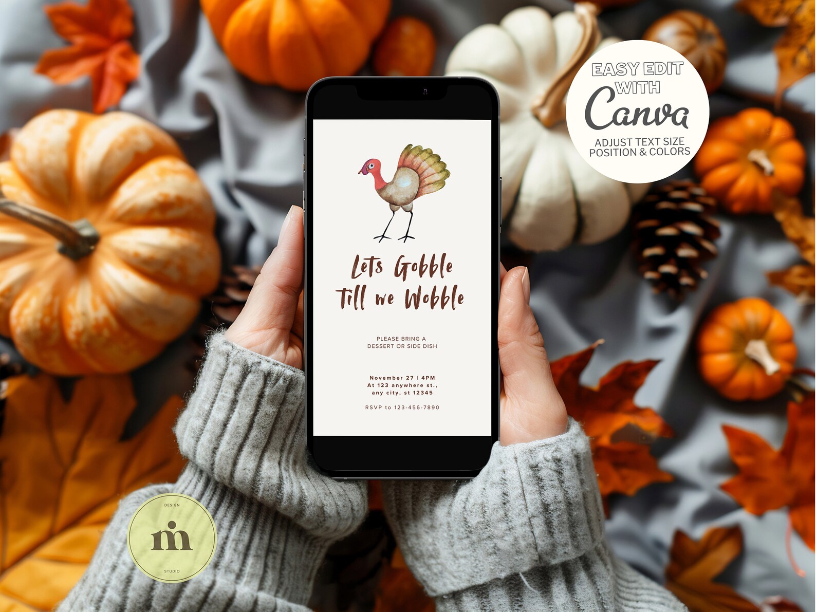 Thanksgiving Invitation - Editable Hand Painted Turkey Canva Template ...