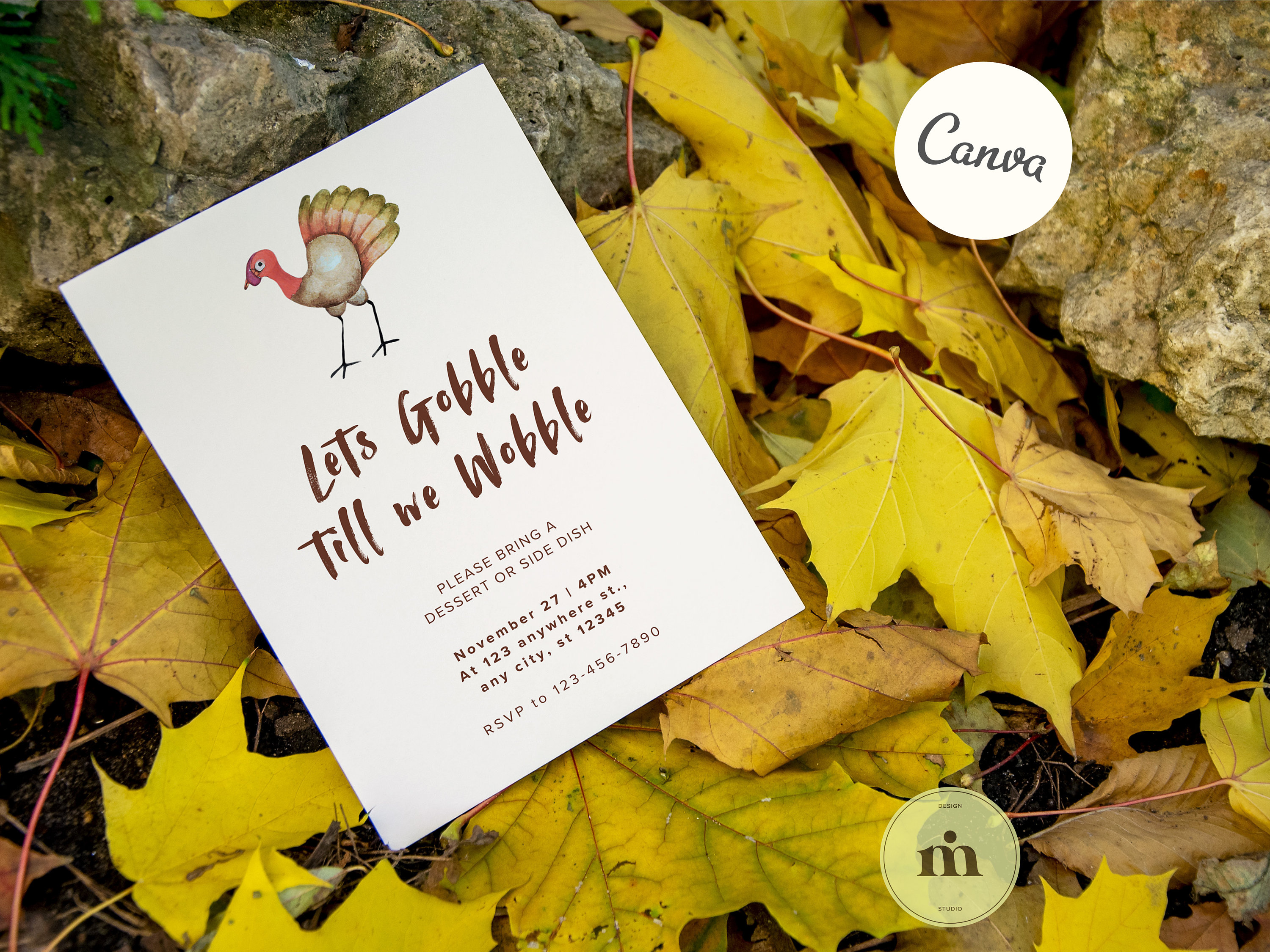 Thanksgiving Invitation - Editable Hand Painted Turkey Canva Template ...