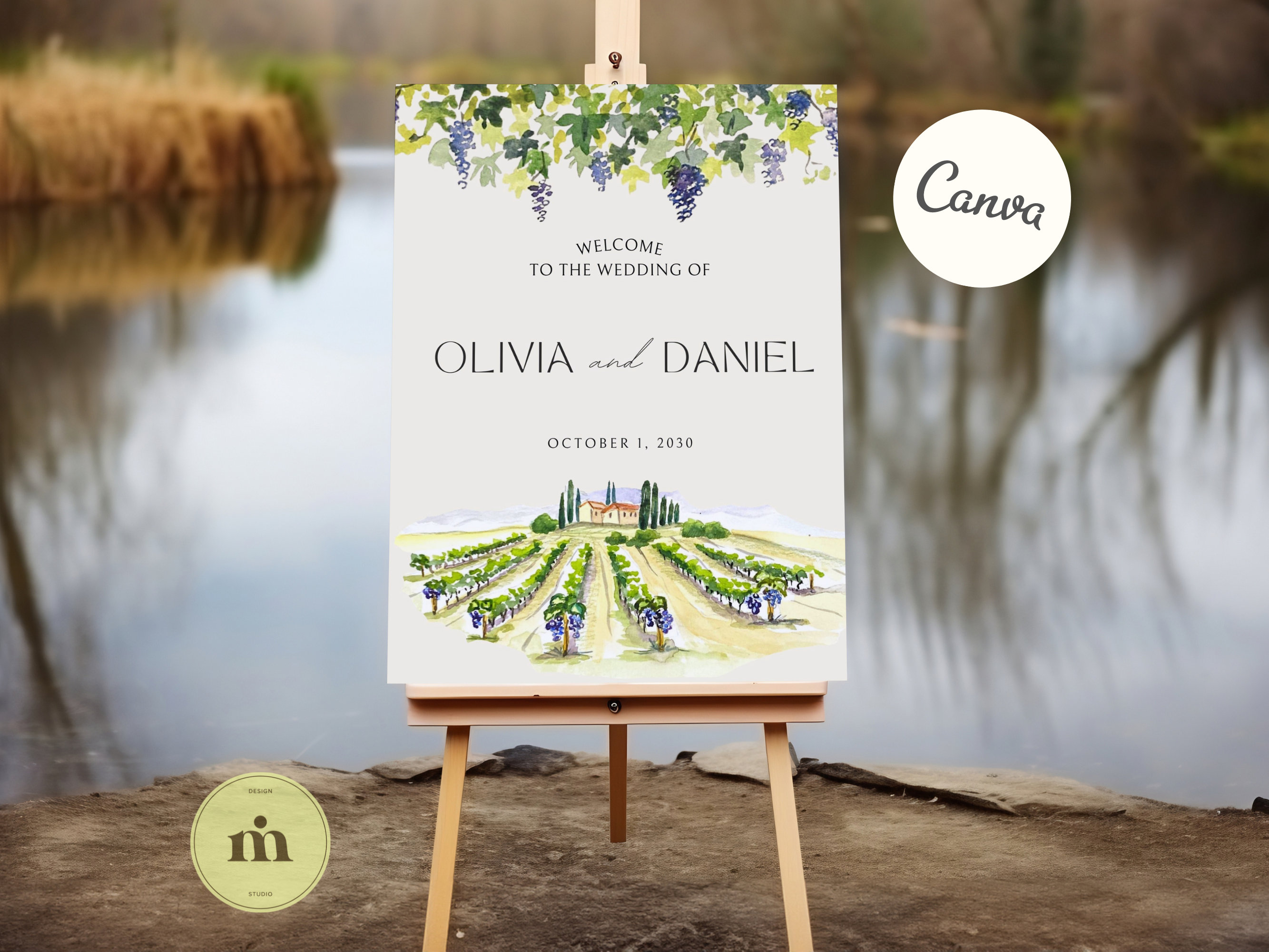 Vineyard WELCOME SIGN Invitation, Hand Drawn Watercolor Template for ...