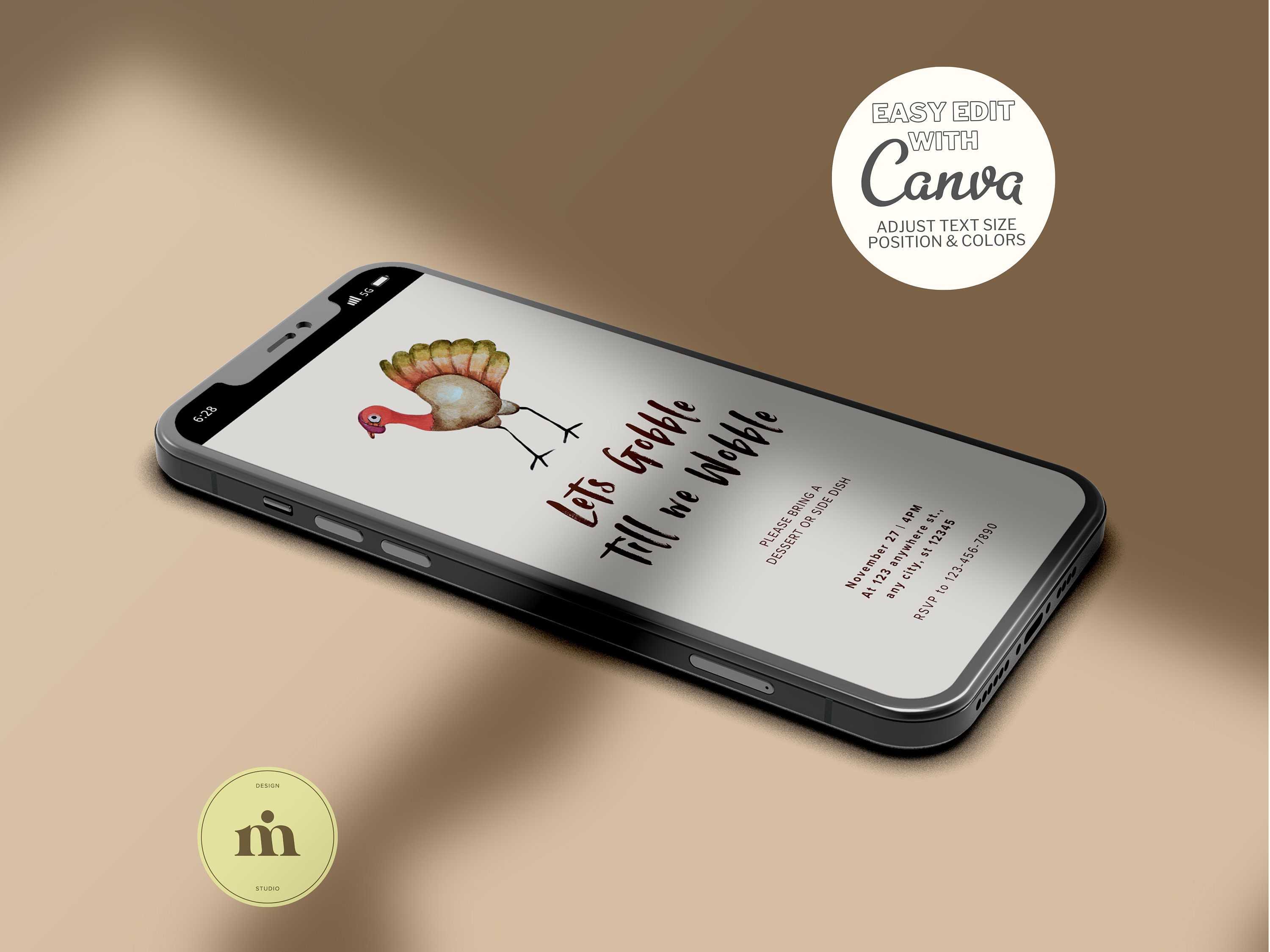 Thanksgiving Invitation - Editable Hand Painted Turkey Canva Template ...