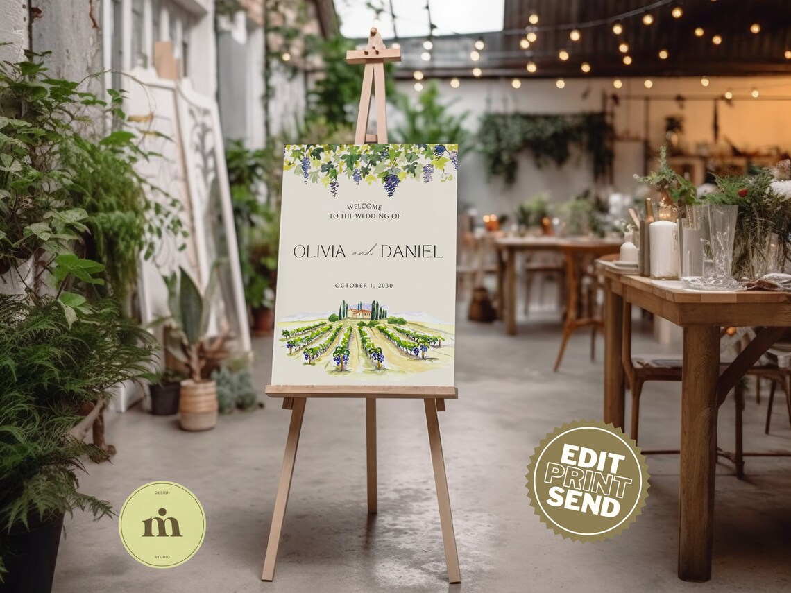 Vineyard WELCOME SIGN Invitation, Hand Drawn Watercolor Template for ...